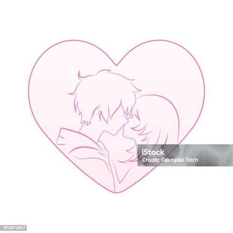 Silhouette De Jeune Couple Dans Le Contour En Forme De Coeur Concept
