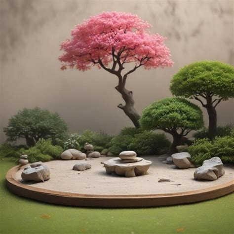 A Model Of A Garden With A Tree And Rocks In The Background Premium