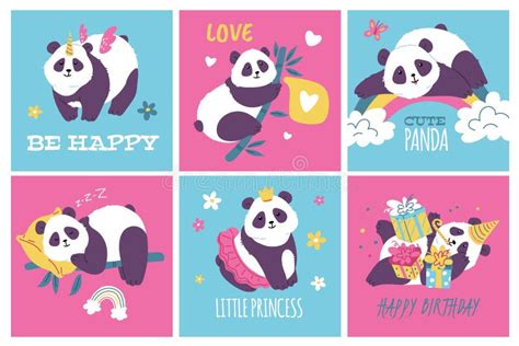Set Of Squared Postcards Or Banners With Cute Pandas Flat Style Stock