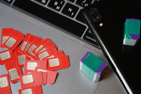 Many Sim Cards On A Laptop Keyboard Bot Farm Stock Image Image Of Electronic Smart 294499191