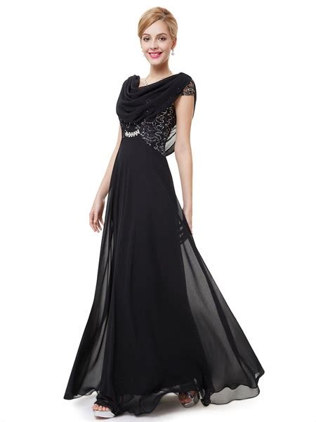 Black Beaded Neckline Lace Bodice Chiffon Prom Dress With Half Sleeves