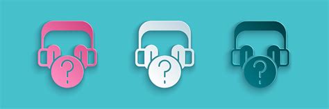 파란색 배경에 고립된 질문 아이콘이 있는 종이 절단 헤드폰 고객 서비스 핫라인 콜센터 Faq 유지 보수를 지원합니다 페이퍼 아트 스타일입니다 벡터 3차원 형태에 대한 스톡