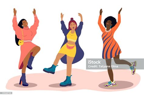 다른 국적의 젊은 여성들이 춤을 추고 있습니다 유행 옷을 입은 소녀들은 파티에서 즐거운 시간을 보내고 있습니다 만화 플랫 벡터 일러스트레이션 세계 여성의 날