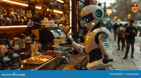 Humanoid Robot Serving Coffee In A Bustling Outdoor Cafe With Pastries