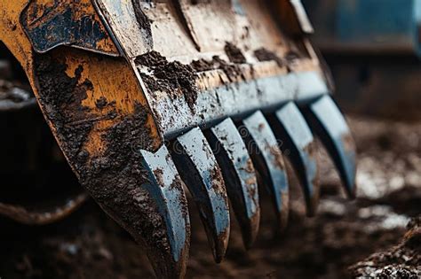 Excavator Bucket Teeth Covered In Mud On Construction Site Stock Image