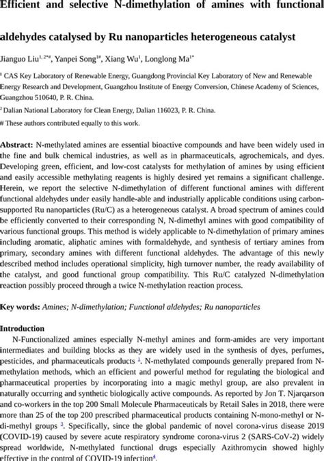 Efficient And Selective N Dimethylation Of Amines With Functional Aldehydes Catalysed By Ru