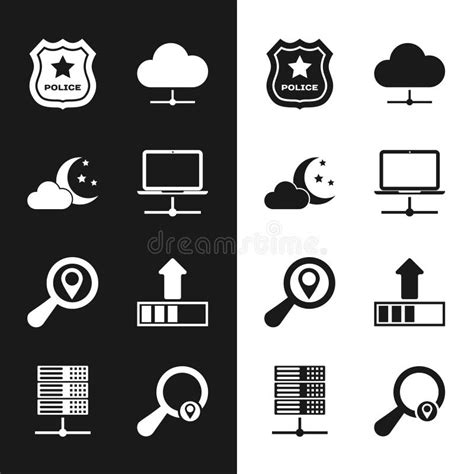 Set Computer Network Cloud With Moon And Stars Police Badge Network