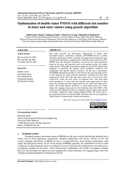 Pdf Optimization Of Double Stator Pmsm With Different Slot Number In