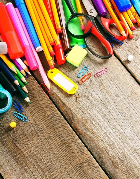 School Tools On Wooden Background Stock Image Image Of Colorful