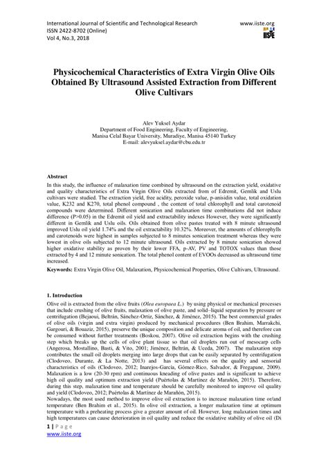 Pdf Physicochemical Characteristics Of Extra Virgin Olive Oils