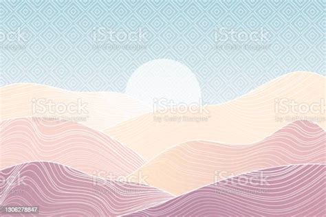 미니멀 한 동양 스타일의 일본 산 레이아웃 디자인 다각형 풍경 그림이 있는 벡터 배너입니다 라인 패턴 벡터가 있는 중국어