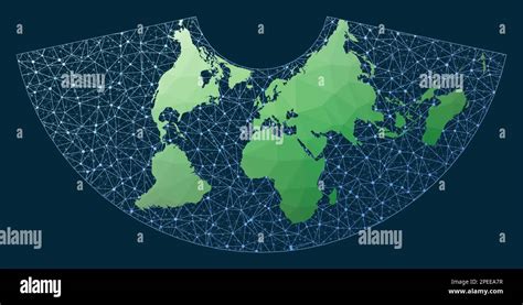 Internet And Global Connected Globe Conic Equal Area Projection Green Low Poly World Map With
