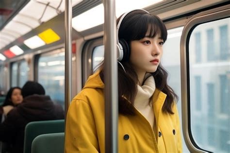 Premium Photo Young Asian Woman Passenger Listening Music Via Smart
