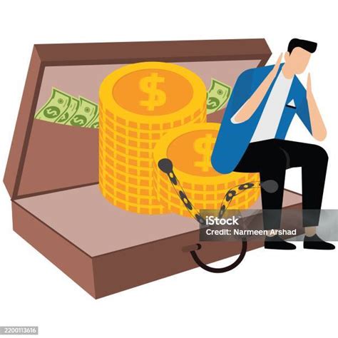 한 사업가가 금화가 가득 찬 큰 가방에 양손에 수갑을 찬 채 서 있다 황금 수갑 독점 계약 바인딩 노동자에 대한 일러스트 개념에 대한 스톡 벡터 아트 및 기타 이미지