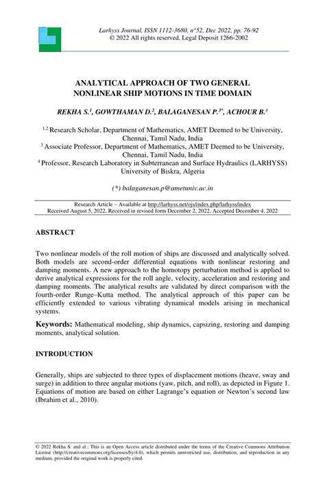 Pdf Analytical Approach Of Two General Nonlinear Ship Motions In Time