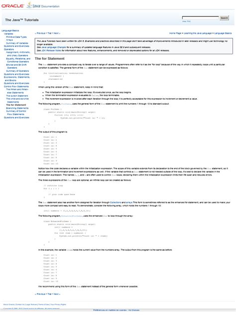 The For Statement The Java™ Tutorials Learning The Java Language