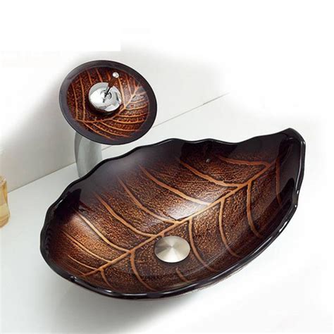 Luxury Tempered Glass Bathroom Antique Washbasin Creative Leaf Shape