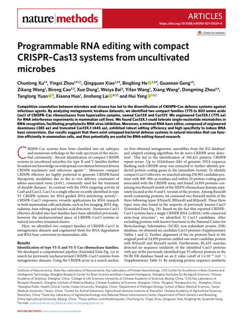PDF Programmable RNA Editing With Compact CRISPRCas Systems From Uncultivated Microbes