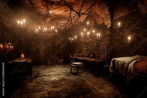 Dracula Castle Cell Interior With Chains By Candlesticks Writing Desk