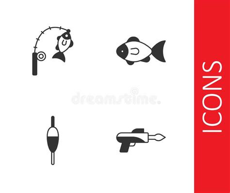 Set Fishing Harpoon Rod And Fish Float And Icon Vector Stock Vector