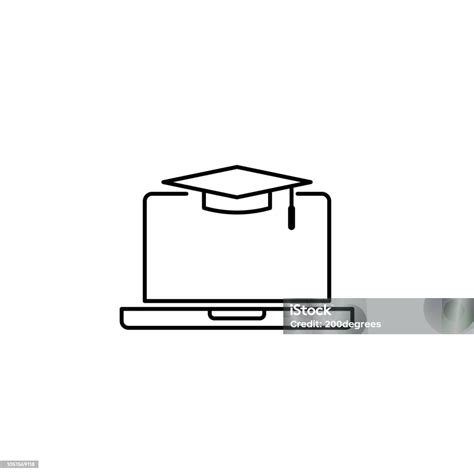 E러닝 라인 아이콘입니다 온라인 인터넷 교육 기호입니다 노트북 화면에 졸업 모자입니다 디지털 경영 대학원 웹 사이트 모바일 애플 리 케이 션 Ui Infographic 위한