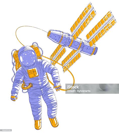 宇航員進入與空間站相連的空地 宇航員在失重狀態下漂浮 並在他身後駕駛太陽能電池板的航太器查出的向量例證在白色向量圖形及更多人圖片 Istock