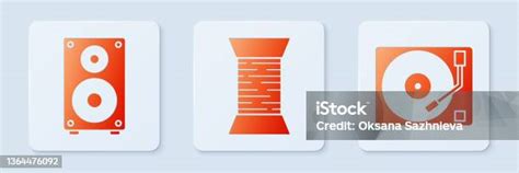 스풀 스테레오 스피커 및 비닐 디스크가있는 비닐 플레이어에 바느질 스레드를 설정합니다 흰색 정사각형 버튼 벡터 주사기에 대한 스톡 벡터 아트 및 기타 이미지 Istock