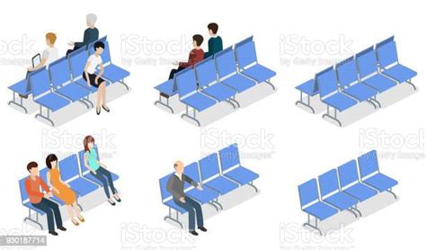 아이소메트릭 3d 벡터 일러스트 레이 션 설정 사람들이 벤치에 앉아 하 고 리셉션에 대 한 대기의 컬렉션 3차원 형태에 대한 스톡 벡터 아트 및 기타 이미지 Istock