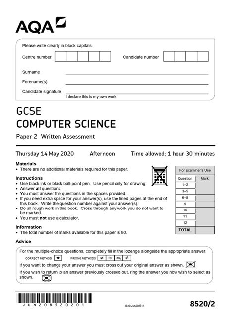 June 2020 Qp Paper 2 Aqa Computer Science Gcse Pdf Computer Data Storage Computing