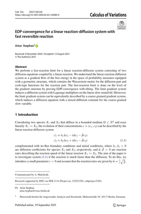 Pdf Edp Convergence For A Linear Reaction Diffusion System With Fast