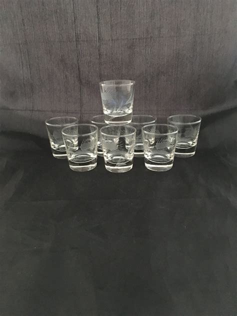 Set Of 2 Mid Century Modern Wheat Etched Crystal Shot Glasses Vintage