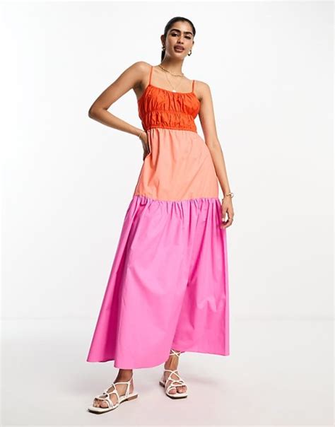 Mango Gerafftes Midikleid In Rosa Mit Farbblock Design Asos