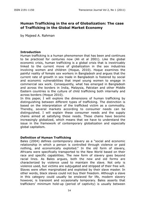 Human Trafficking In The Era Of Globalization The Case Of Trafficking In The Global Market