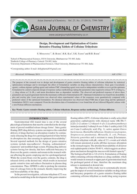 Pdf Design Development And Optimization Of Gastro Retentive Floating Tablets Of Cefixime