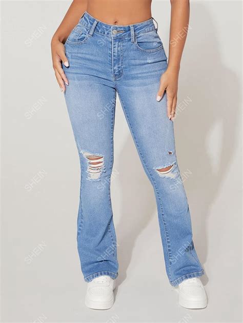 Shein Petite Ripped Bootcut Leg Jeans Shein Uk