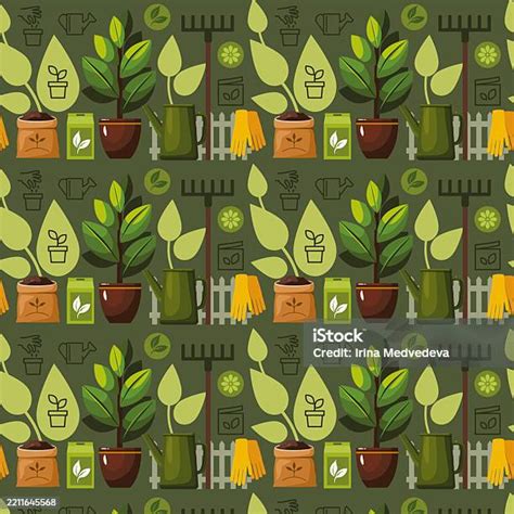 어두운 배경에 벡터 완벽 한 패턴입니다 도구 꽃 갈퀴 묘목 급수 깡통 비료 장갑을 가진 원예 개념 정원농원 갈퀴에 대한 스톡 벡터 아트 및 기타 이미지 Istock