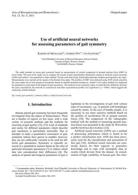 Pdf Use Of Artificial Neural Networks For Assessing Parameters Of Gait Symmetry