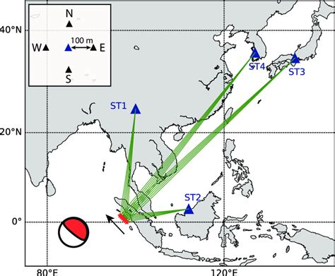 Modeled Unilateral Earthquake Rupture And Four Seismic Stations St1 4