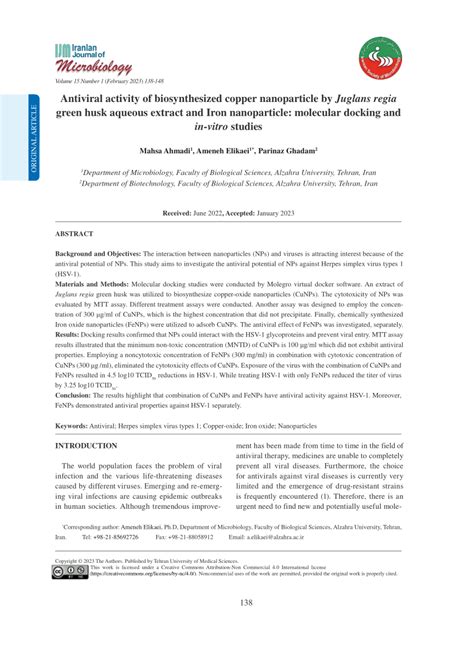Pdf Antiviral Activity Of Biosynthesized Copper Nanoparticle By