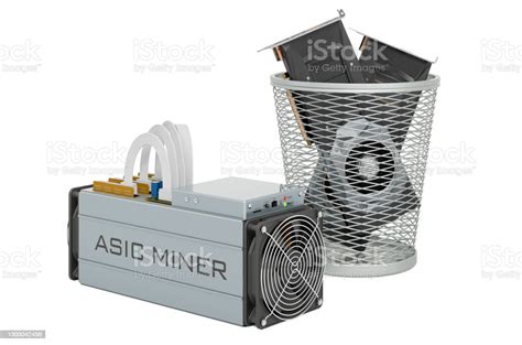 쓰레기통에 Asic 광부 및 비디오 카드 Gpu 흰색 배경에서 격리된 3d 렌더링 3차원 형태에 대한 스톡 사진 및 기타 이미지