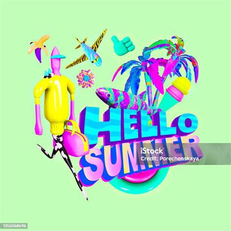 미니멀 한 양식에 일치시키는 콜라주 예술3d 재미있는 캐릭터 사무실 매니저가 휴가를 간다 텍스트 안녕하세요 여름 Dj에 대한 스톡 사진 및 기타 이미지 Istock