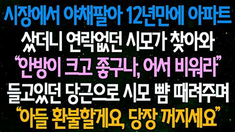 반전 사연 시장에서 야채팔아 12년만에 아파트샀더니 연락없던 시모가 찾아와 안방이 크고 좋구나 어서 비워라 들고있던