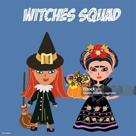 귀여운 마녀의 분대 해피 할로윈 두 마녀 꽃다발을 가진 호박 피는 해바라기 장미 트릭 또는 치료 마술 10월에 대한 스톡 벡터 아트 및 기타 이미지 Istock