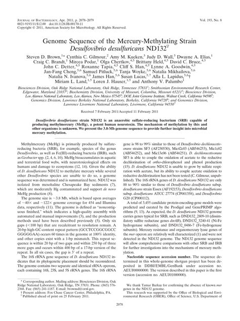 Pdf Genome Sequence Of The Mercury Methylating Strain Desulfovibrio
