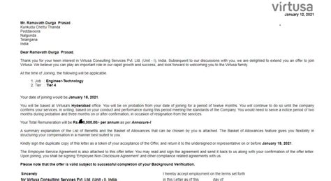 Ramavath Durga Prasad On Linkedin Firstjob Offerletter Virtusa
