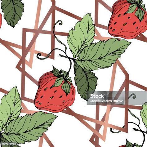 벡터 딸기 과일입니다 녹색 잎입니다 빨강과 녹색 잉크 아트가 새겨져 있습니다 원활한 배경 패턴 0명에 대한 스톡 벡터 아트 및