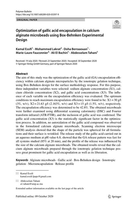 Pdf Optimization Of Gallic Acid Encapsulation In Calcium Alginate