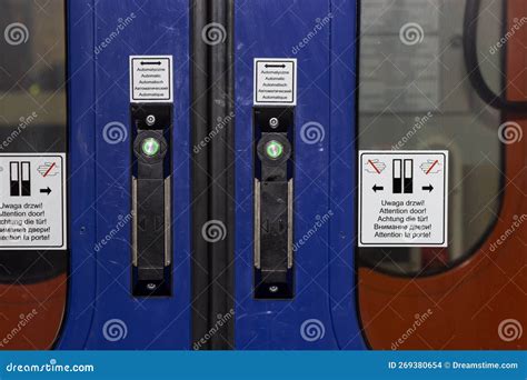 Door Of Train Carriage Or Subway Car With The Electric Green Button