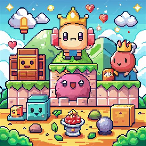 Pixelated Cute Characters And Objects With A Crown On A Platform