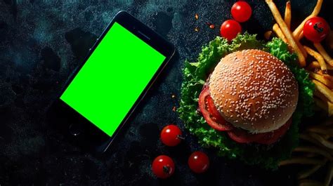 Burger And Fries With Smartphone Displaying Green Screen Food Delivery